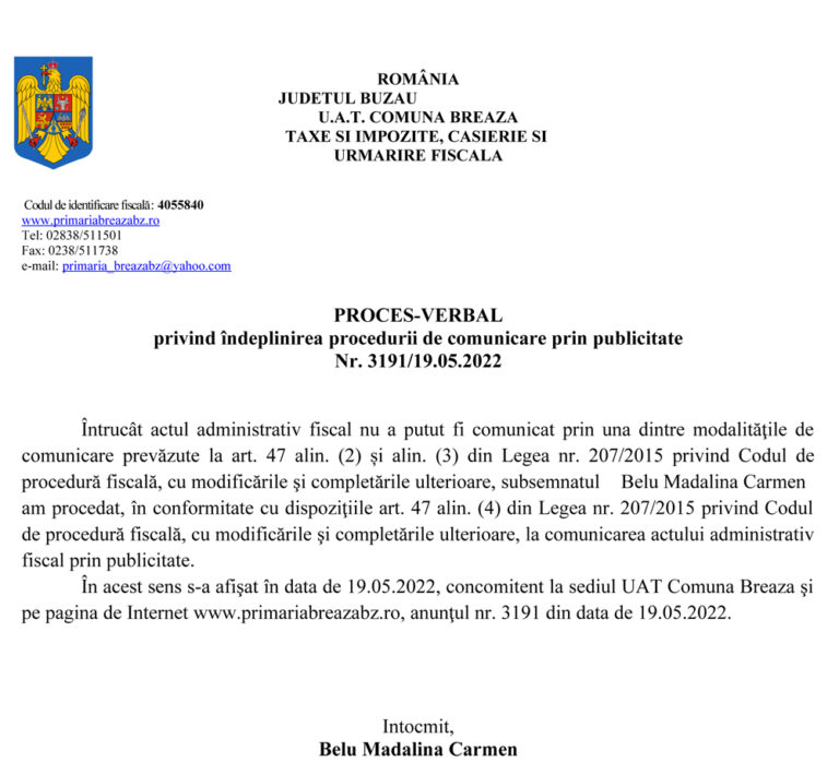 PROCES-VERBAL privind îndeplinirea procedurii de comunicare prin ...