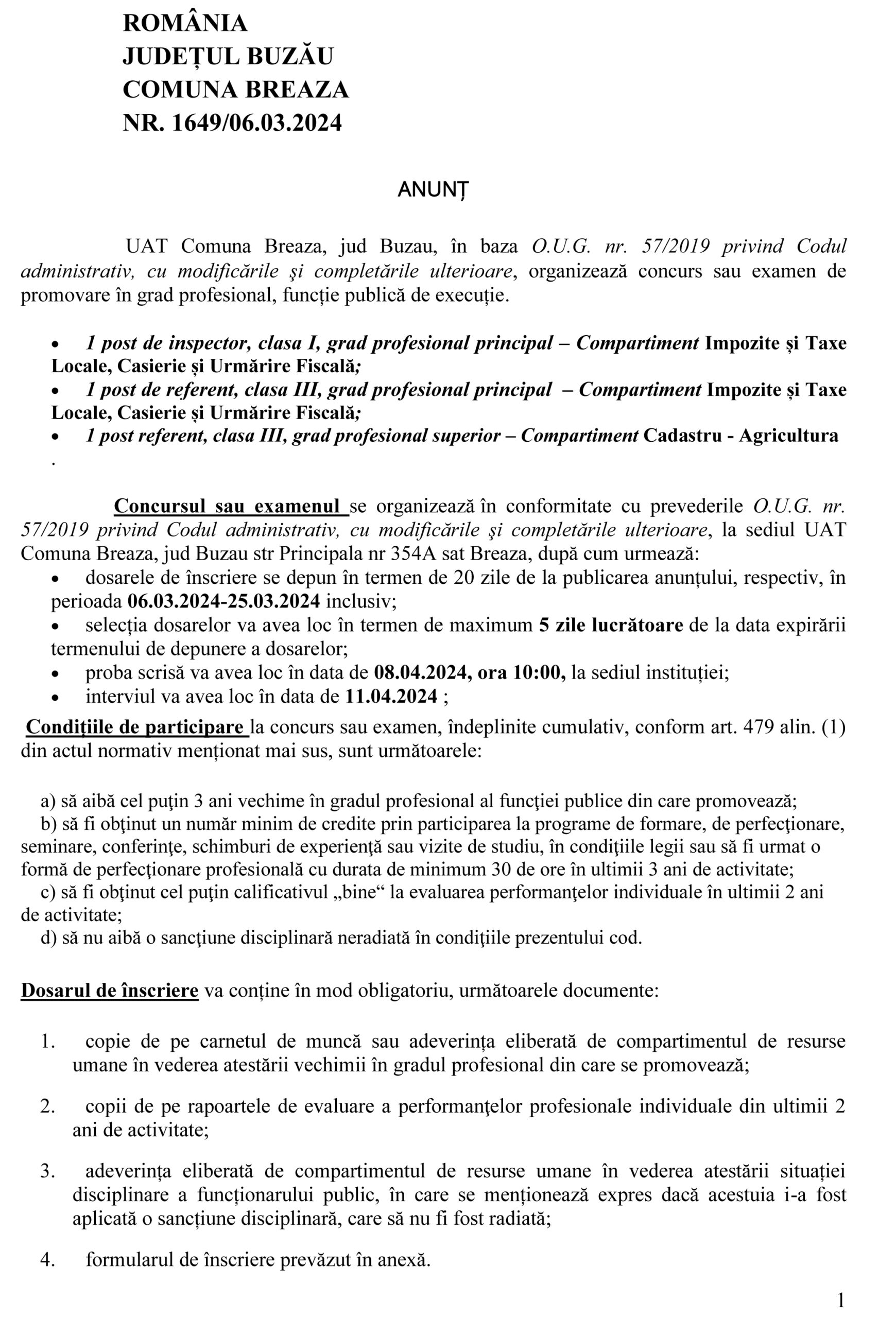 Anunț – Concurs sau examen de promovare în grad profesional, funcție ...